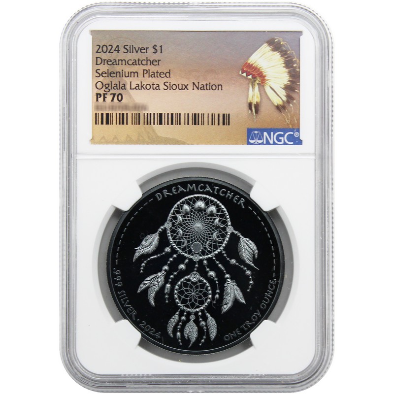 2024 $1 Proof Oglala Lakota Sioux Nation Special Release 1oz Black Silver Dreamcatcher NGC PF70 ...