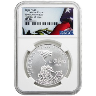 2025 $1 U.S. Marine Corps 250th Anniversary Commem Silver Dollar NGC MS70 FDI Olive Branch/Flag ...